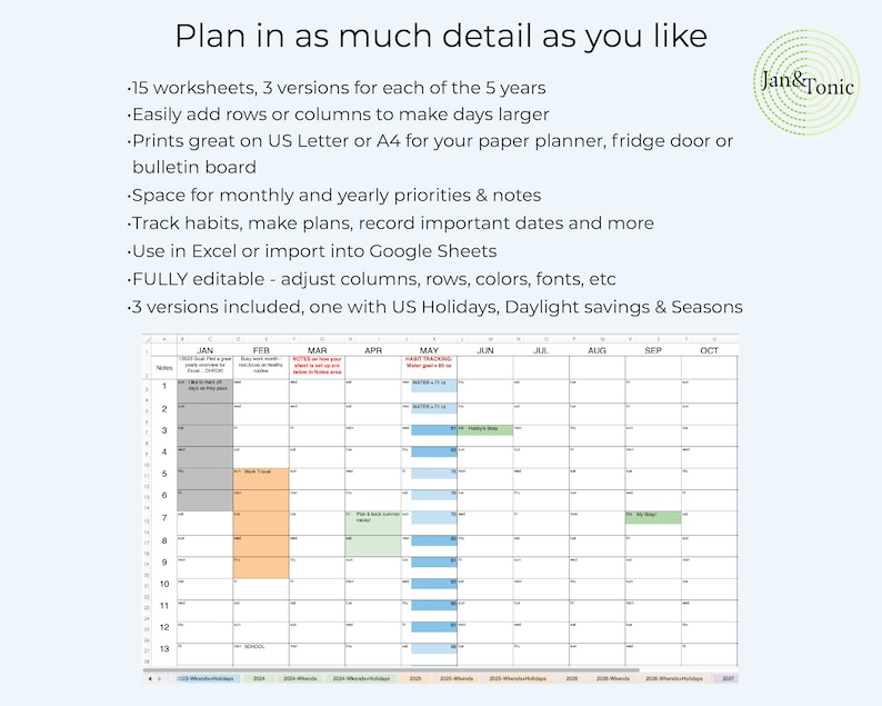 Year Planner Excel Spreadsheet, Family, School, Professional, Travel ...