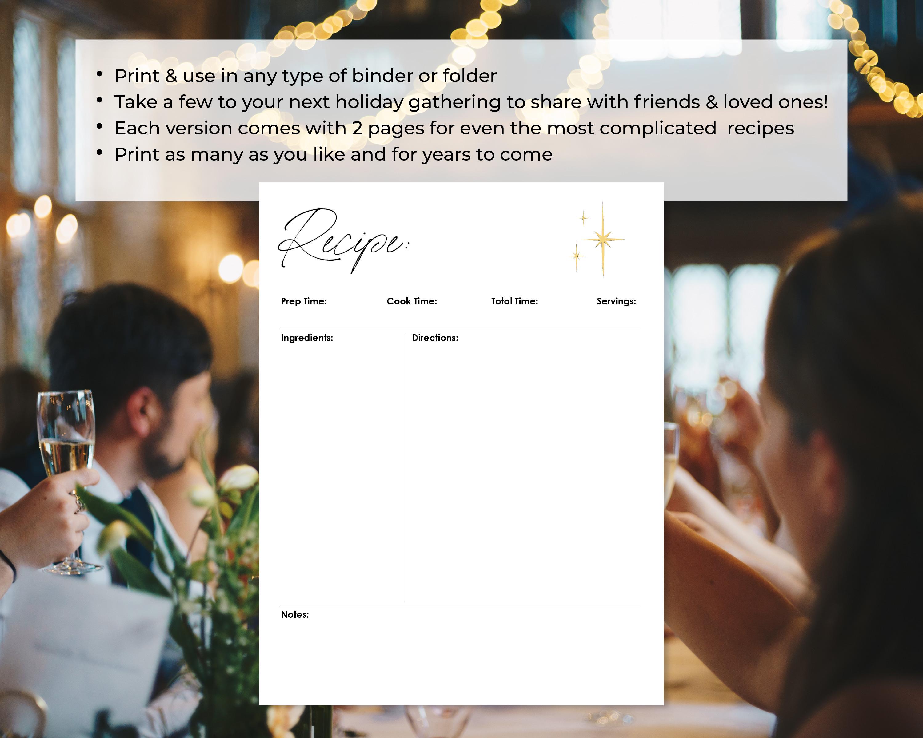 Editable Printable Holiday Recipe Template, 8.5 X 11 Fillable Pages, 2 ...
