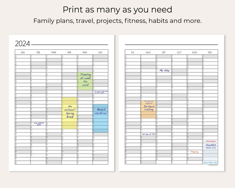 Printable Yearly Planner, 2024 Minimalist YO2P for Work, Family, Travel ...