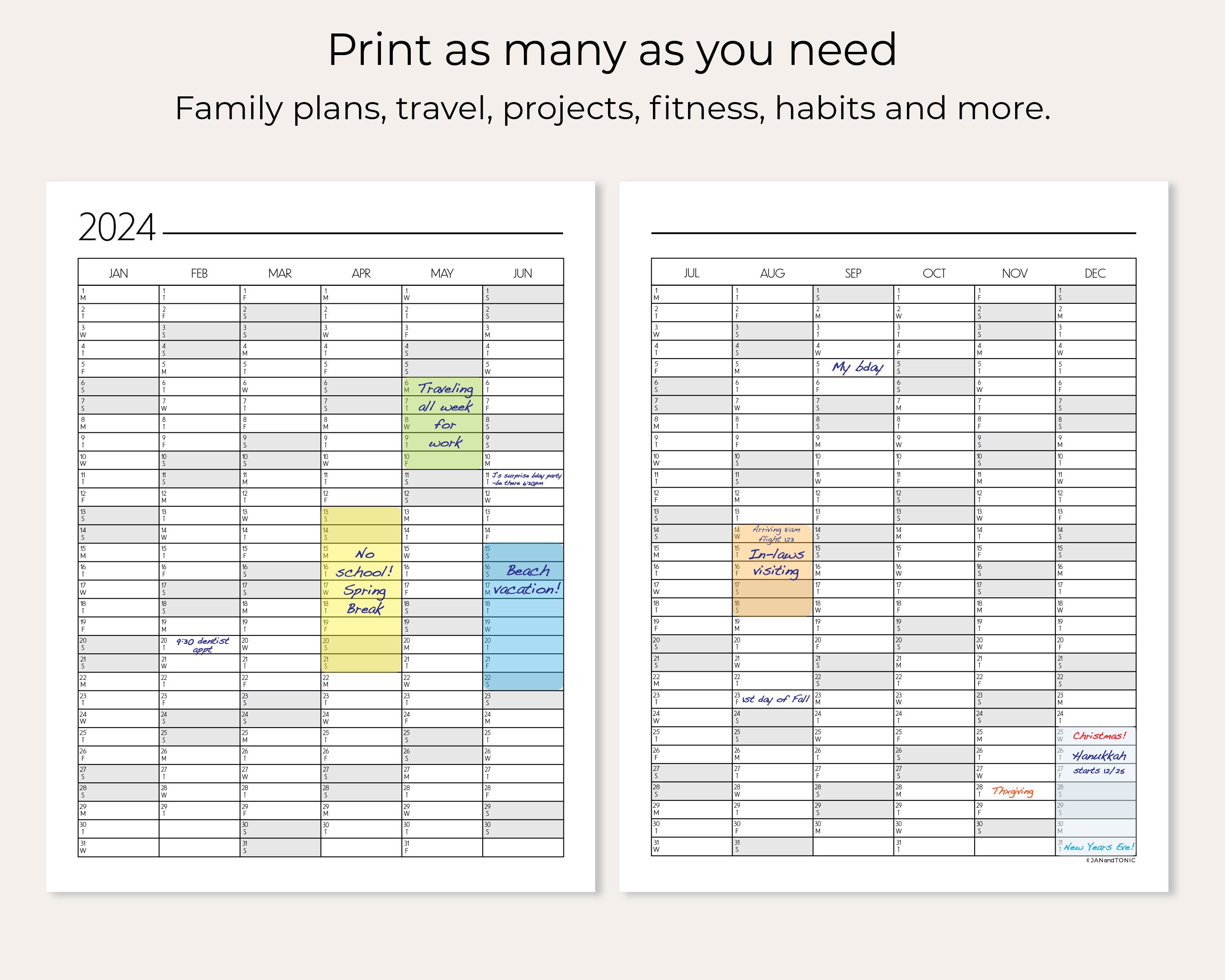 Printable Yearly Planner, 2024 Minimalist YO2P for Work, Family, Travel ...