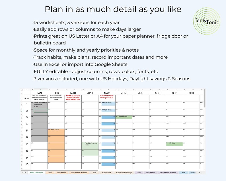 Year Planner Excel Spreadsheet, Family, School, Professional, Travel ...