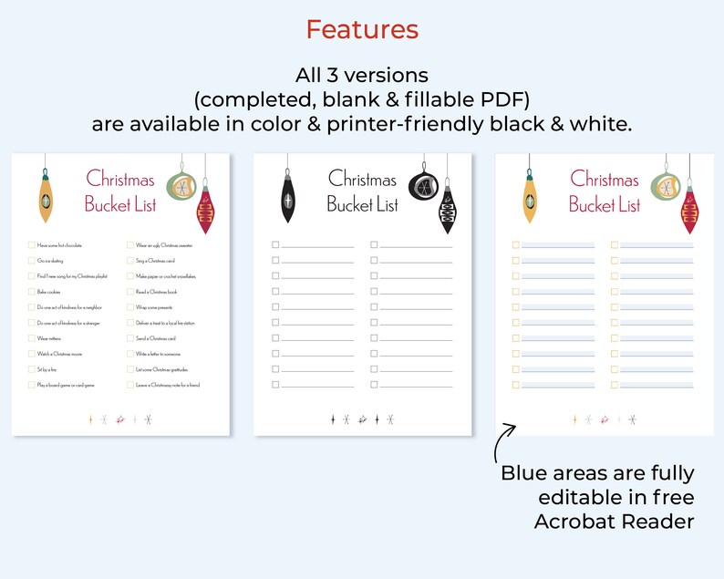 Printable Bucket List, Blank and Fillable PDF, All 3 in Color and Black ...