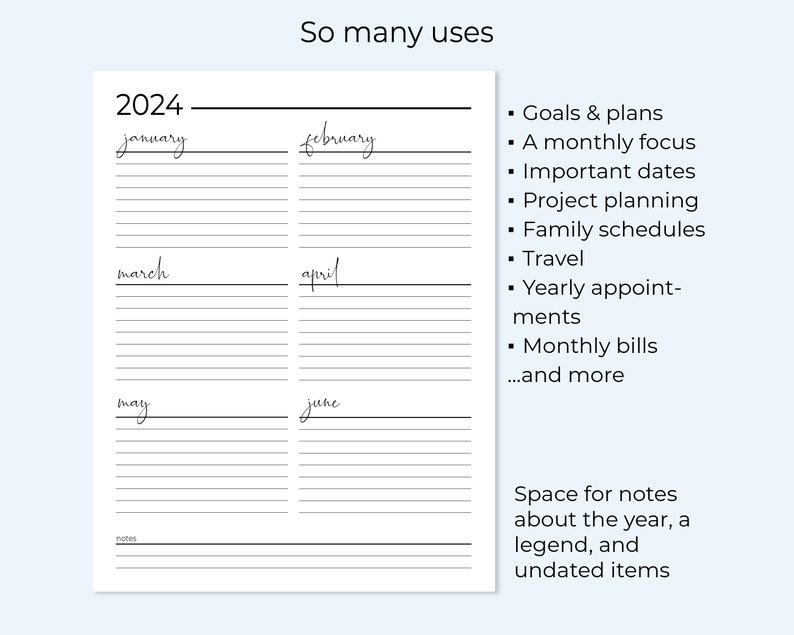 Printable Yearly Planner, Year at a Glance, Minimalist Two Page ...