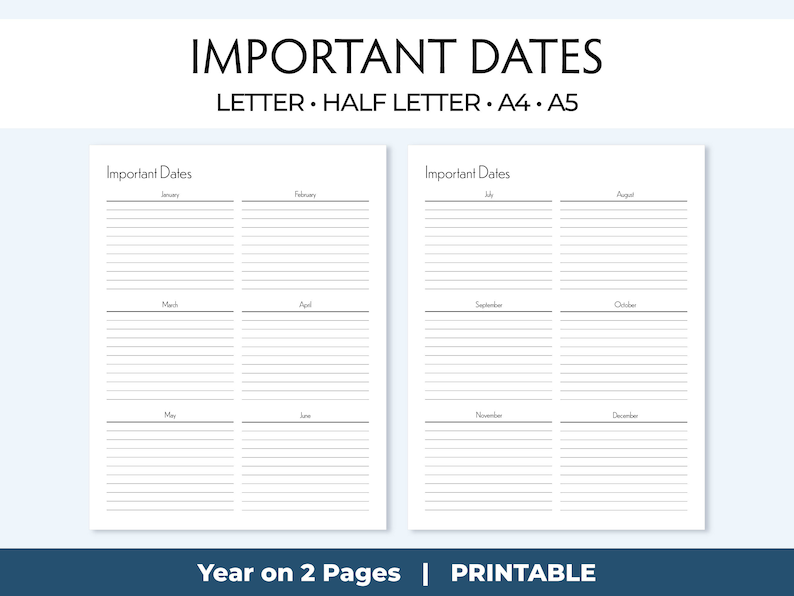 Important Dates Page, Printable List Insert for Letter, Half Letter, A4 ...