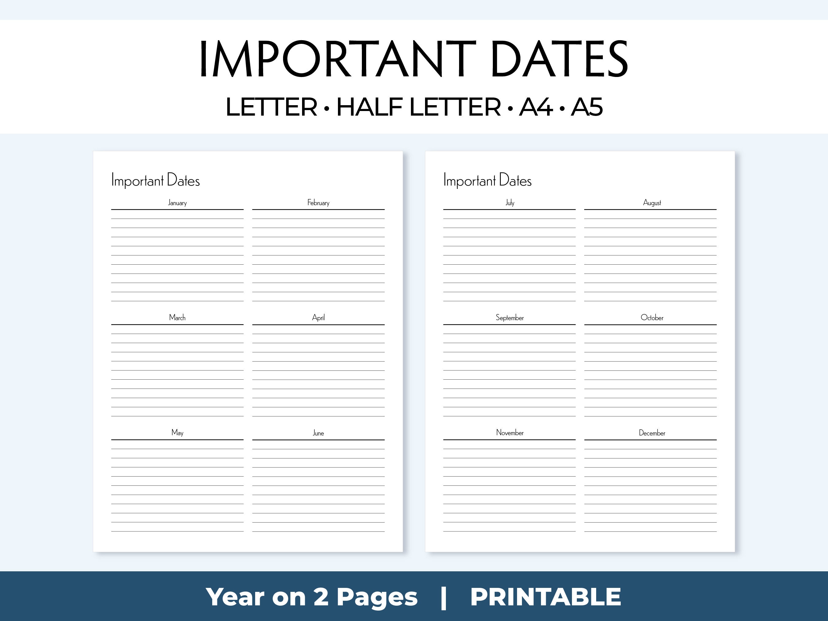 Important Dates Page, Printable List Insert for Letter, Half Letter, A4 ...