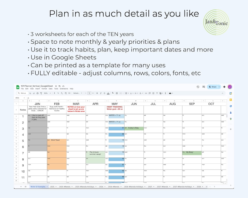 10 Year Planner Google Sheet, Family, School, Teaching, Travel, Annual ...