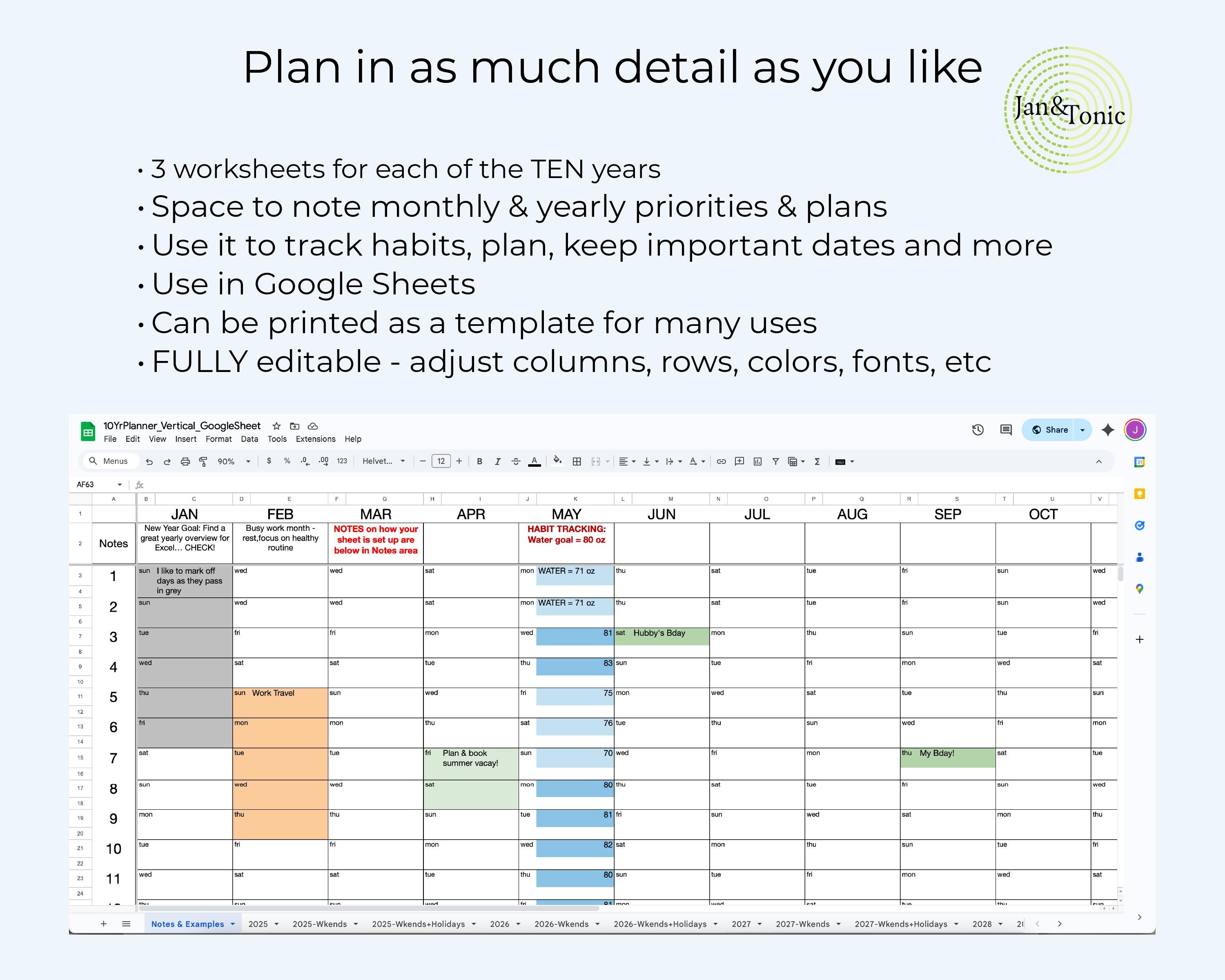 10 Year Planner Google Sheet, Family, School, Teaching, Travel, Annual ...