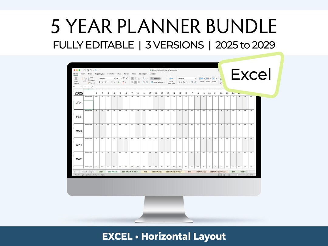Year Planner Excel Spreadsheet, Family, School, Professional, Travel ...