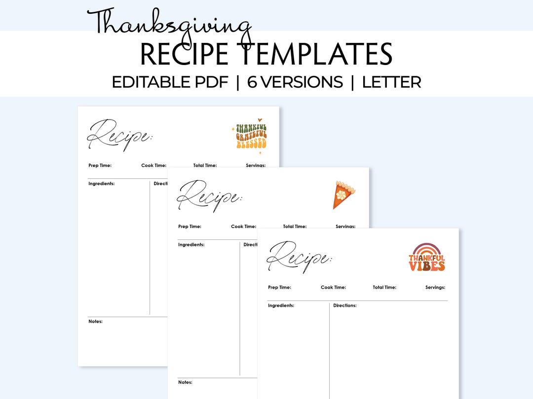 Editable Printable Recipe Template for Thanksgiving & Friendsgiving, 3 ...