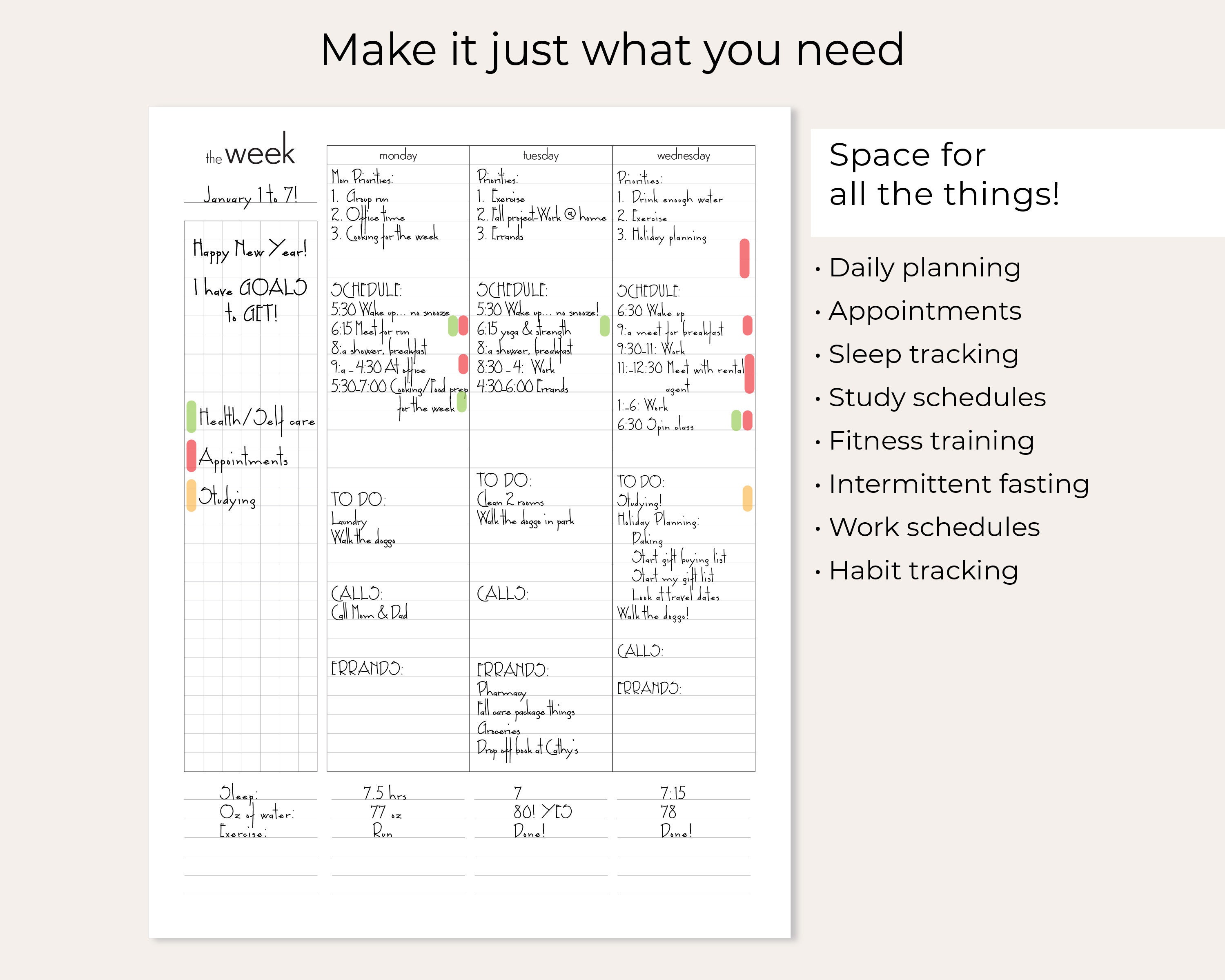 Printable Weekly Planner, Monday Start, Undated Dashboard Layout, Week ...