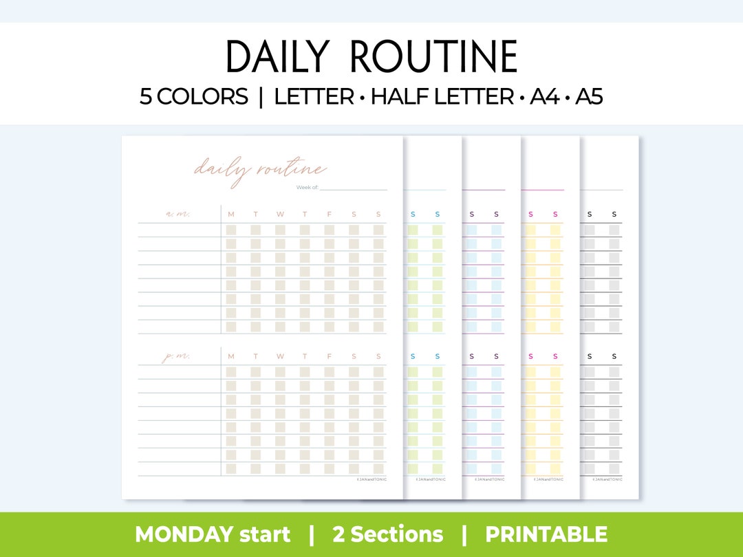 Printable Daily Routine Tracker, Five Color Combinations, Monday Start ...