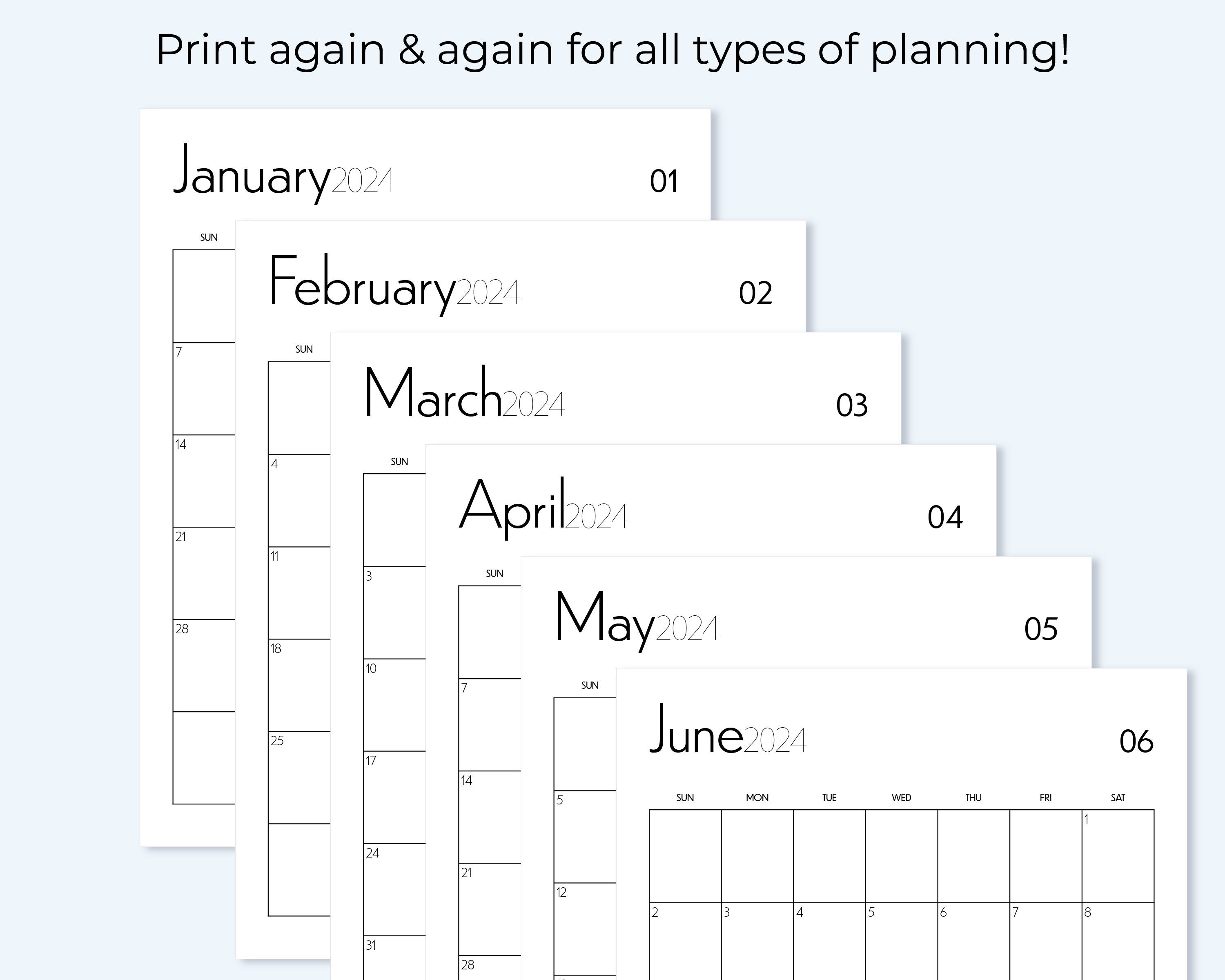 2024 Monthly Calendar, Printable Insert, Minimalist Planner Page, Month ...