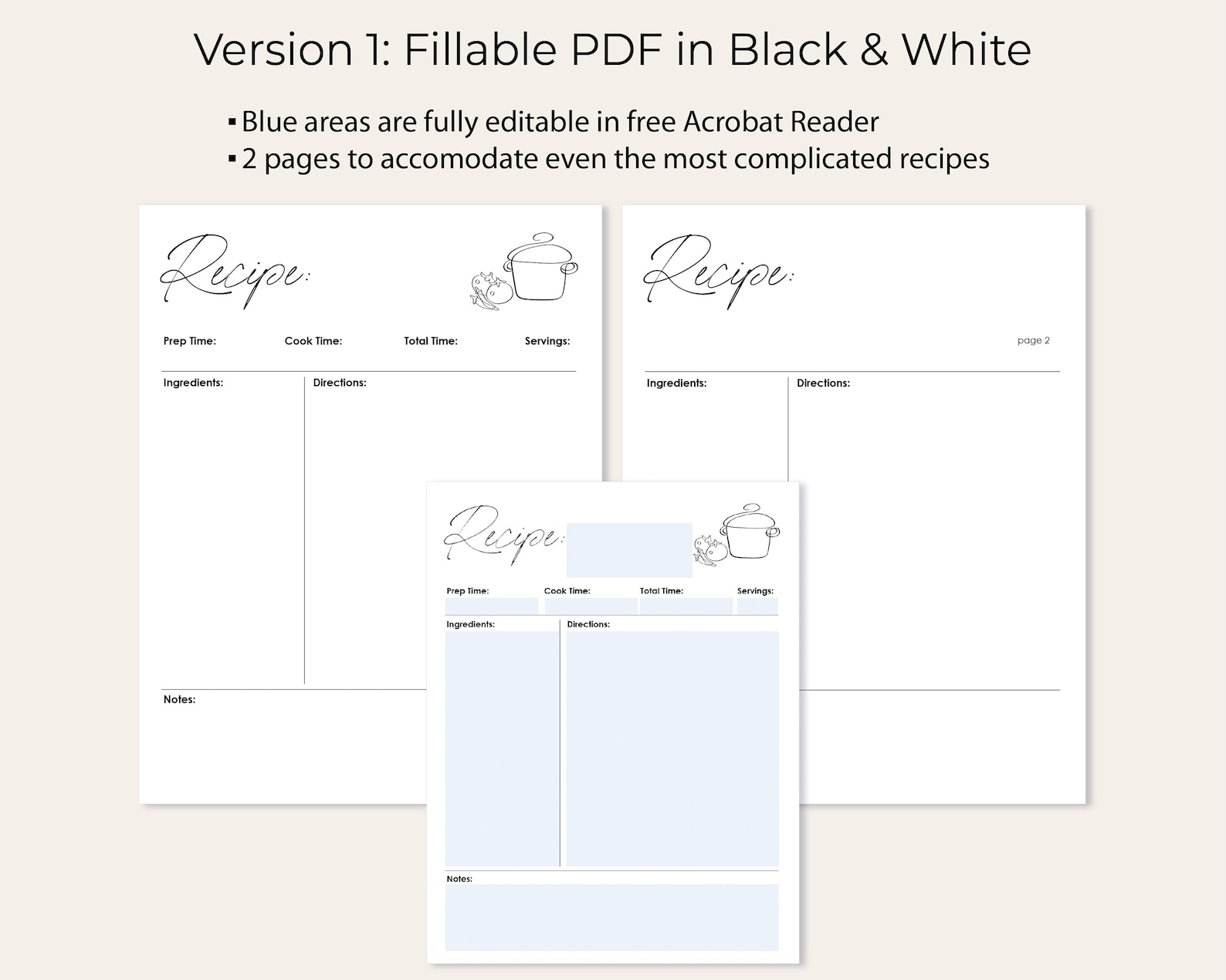 Editable Printable Recipe Template, 8.5 X 11 Fillable Pages, 2 Page ...