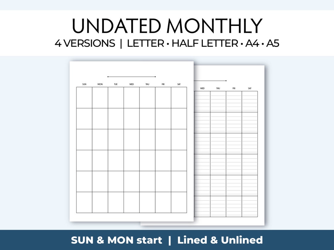 Printable Lined Monthly Calendar Insert, Undated, Perpetual Planner ...