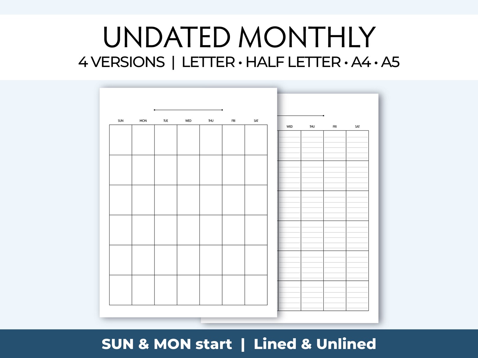 Printable Lined Monthly Calendar Insert, Undated, Perpetual Planner ...