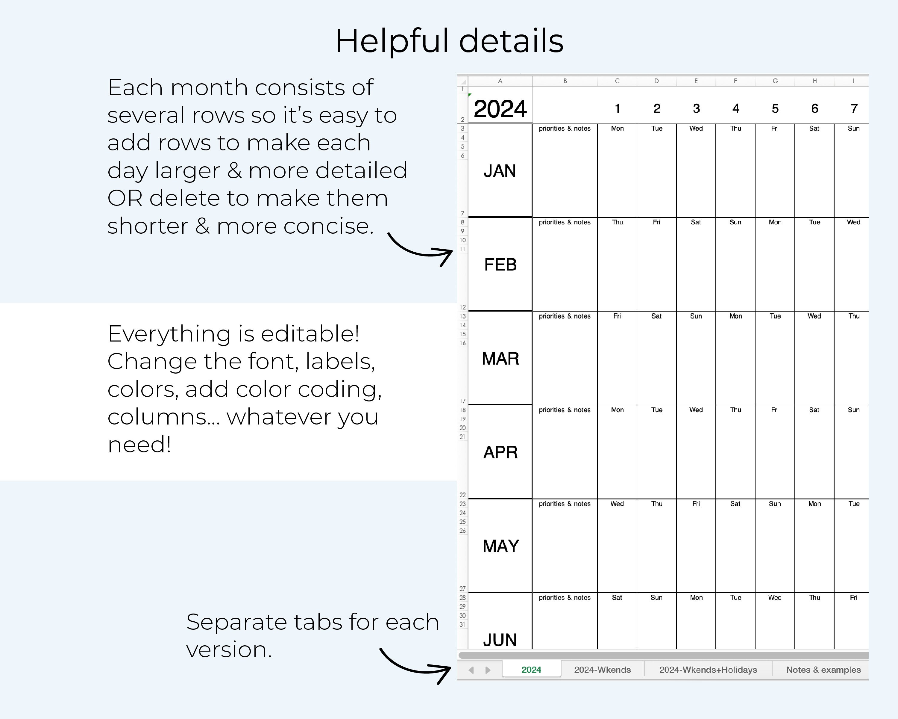 2024 Year Planner Excel Spreadsheet for Habits, Students, Professionals ...