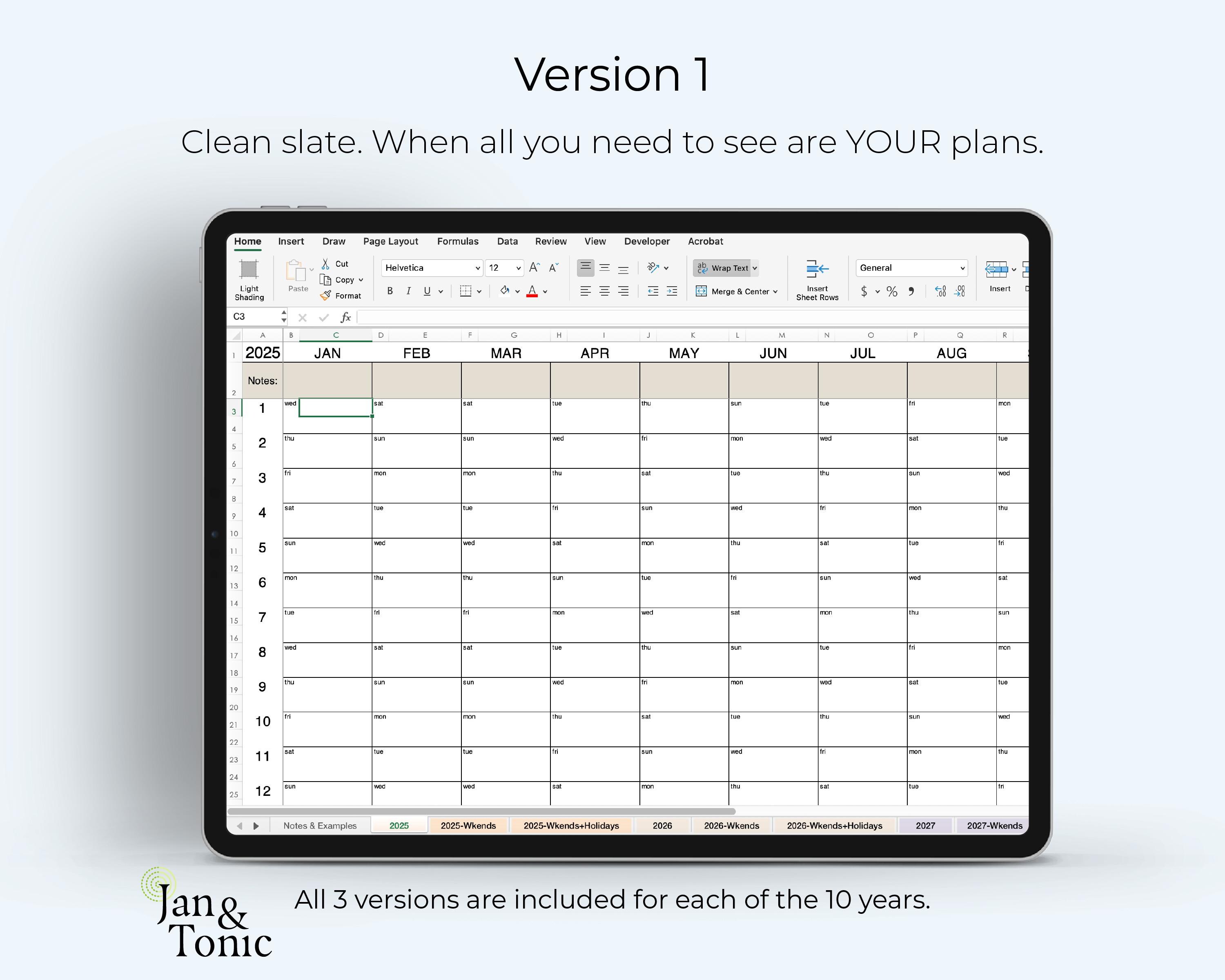 Year Planner Excel Spreadsheet, Family, School, Professional, Travel ...