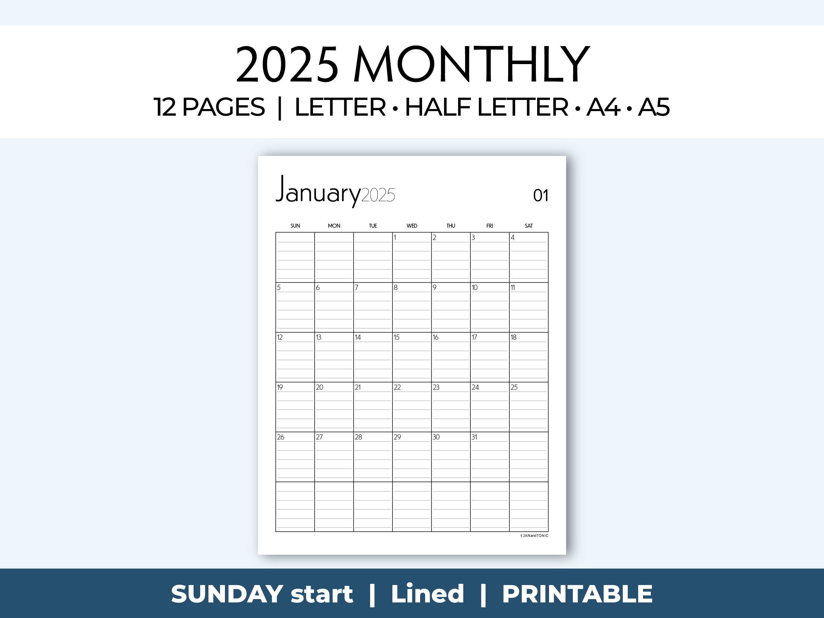 2025 Monthly Calendar, Printable Insert, Minimalist Lined Planner Page ...