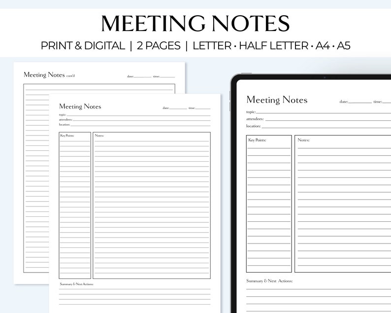 Meeting Minutes Printable Note Taking Agenda Professional - Etsy