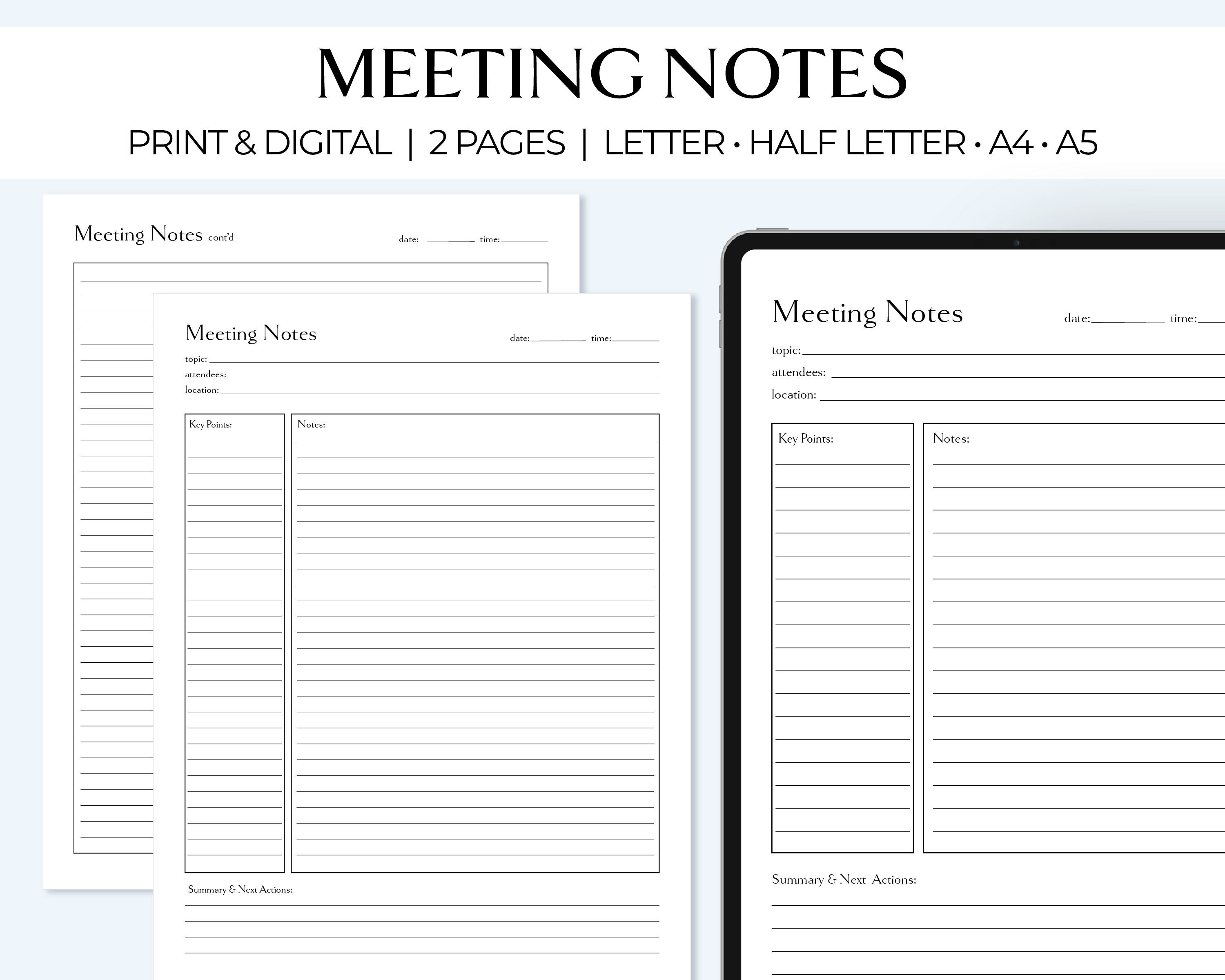 Meeting Minutes Printable Note Taking Agenda Professional - Etsy