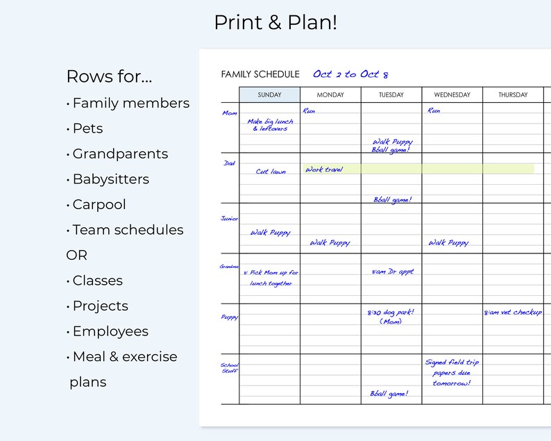 Printable Weekly Family Schedule, Spaces to Plan for 2 to 6 People ...
