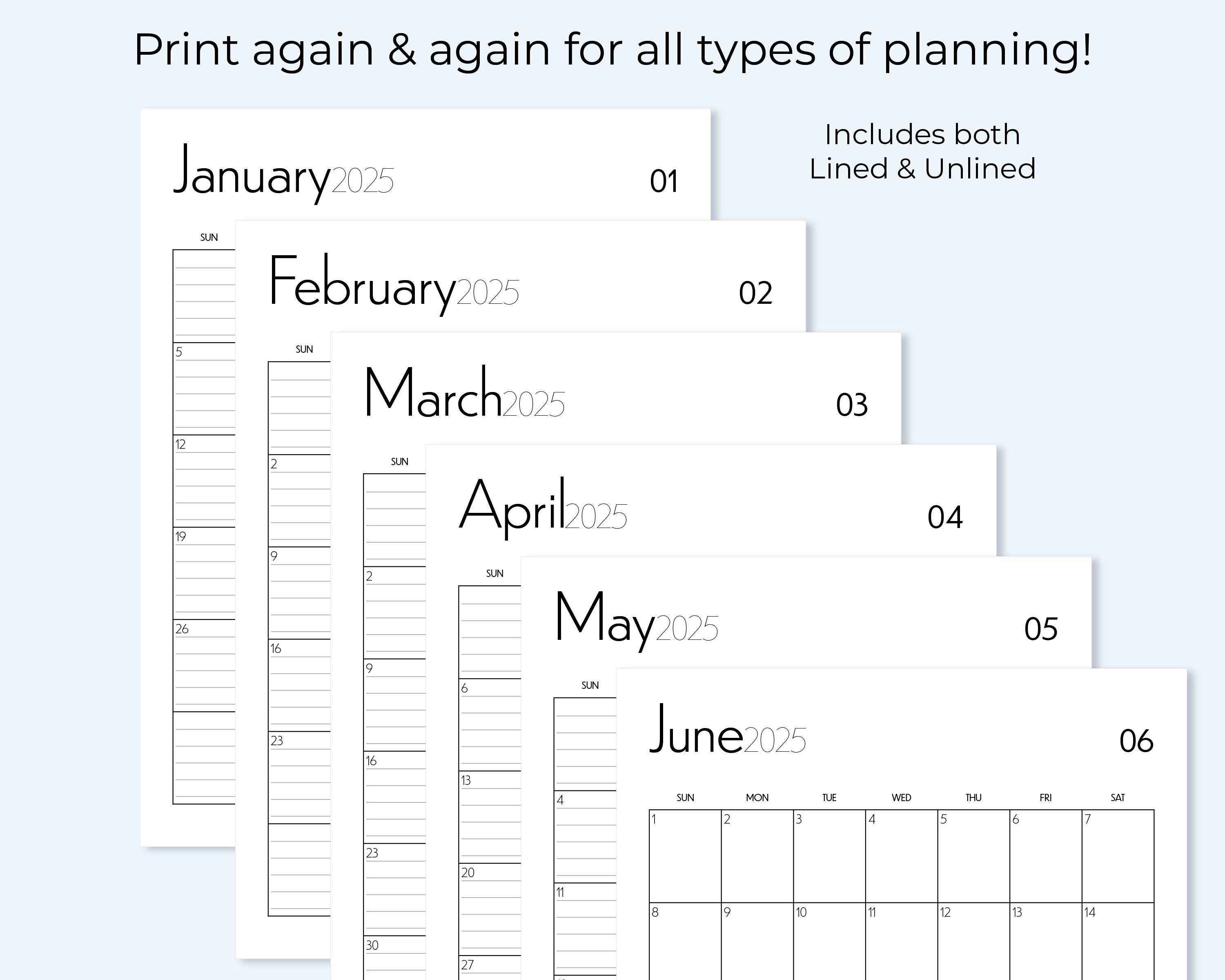 2025 Monthly Calendar, Printable Insert, Minimalist Lined & Unlined ...