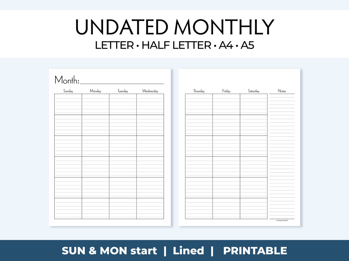 Undated Printable Monthly Planner Insert, Minimalist Design 2 Page ...