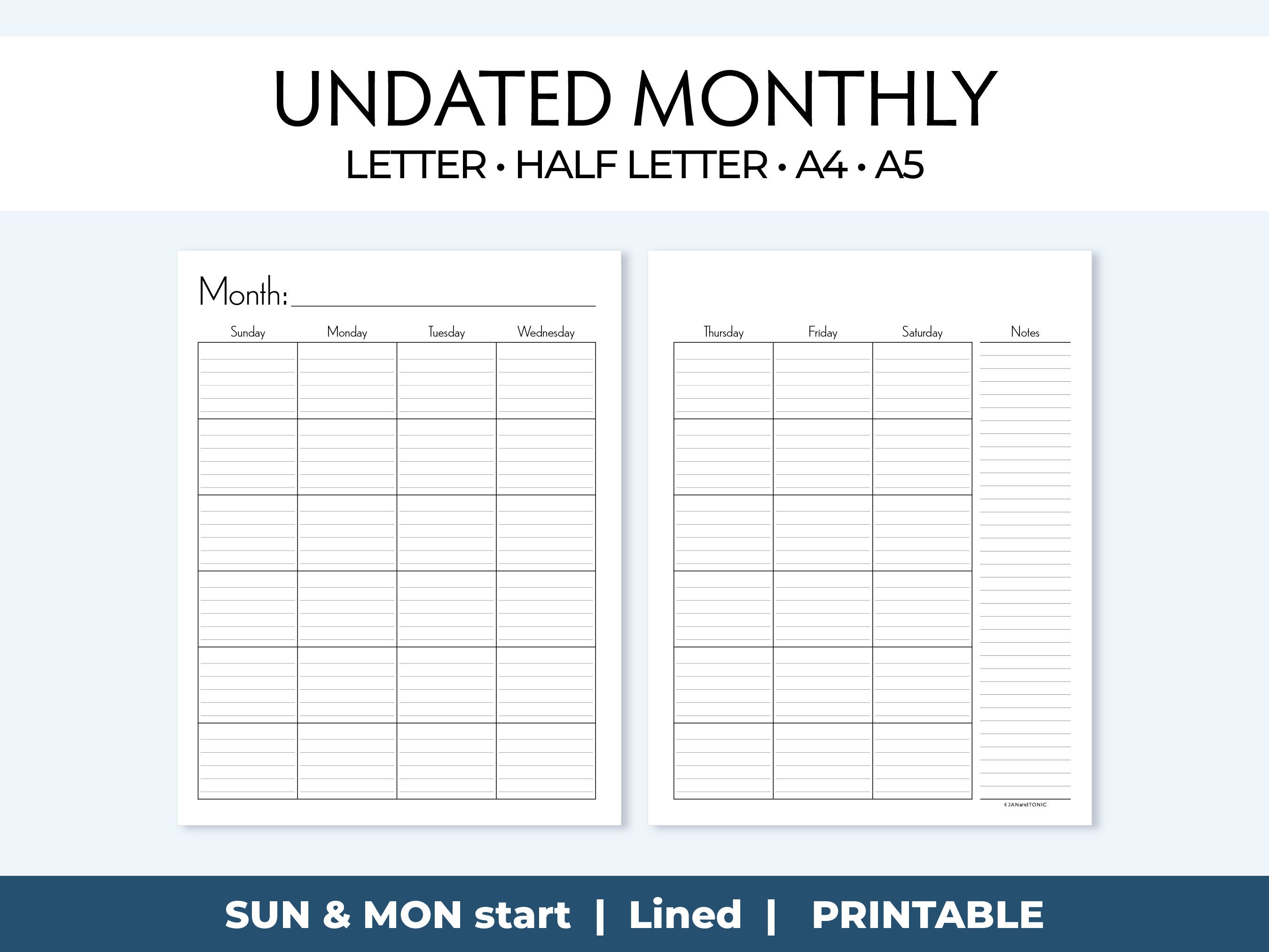 Undated Printable Monthly Planner Insert, Minimalist Design 2 Page ...
