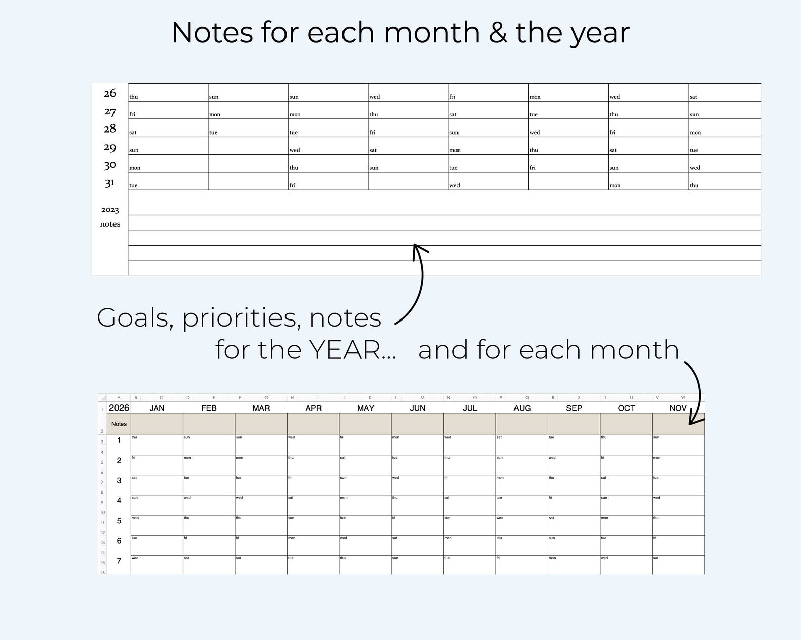 Year Planner Excel Spreadsheet, Family, School, Professional, Travel ...