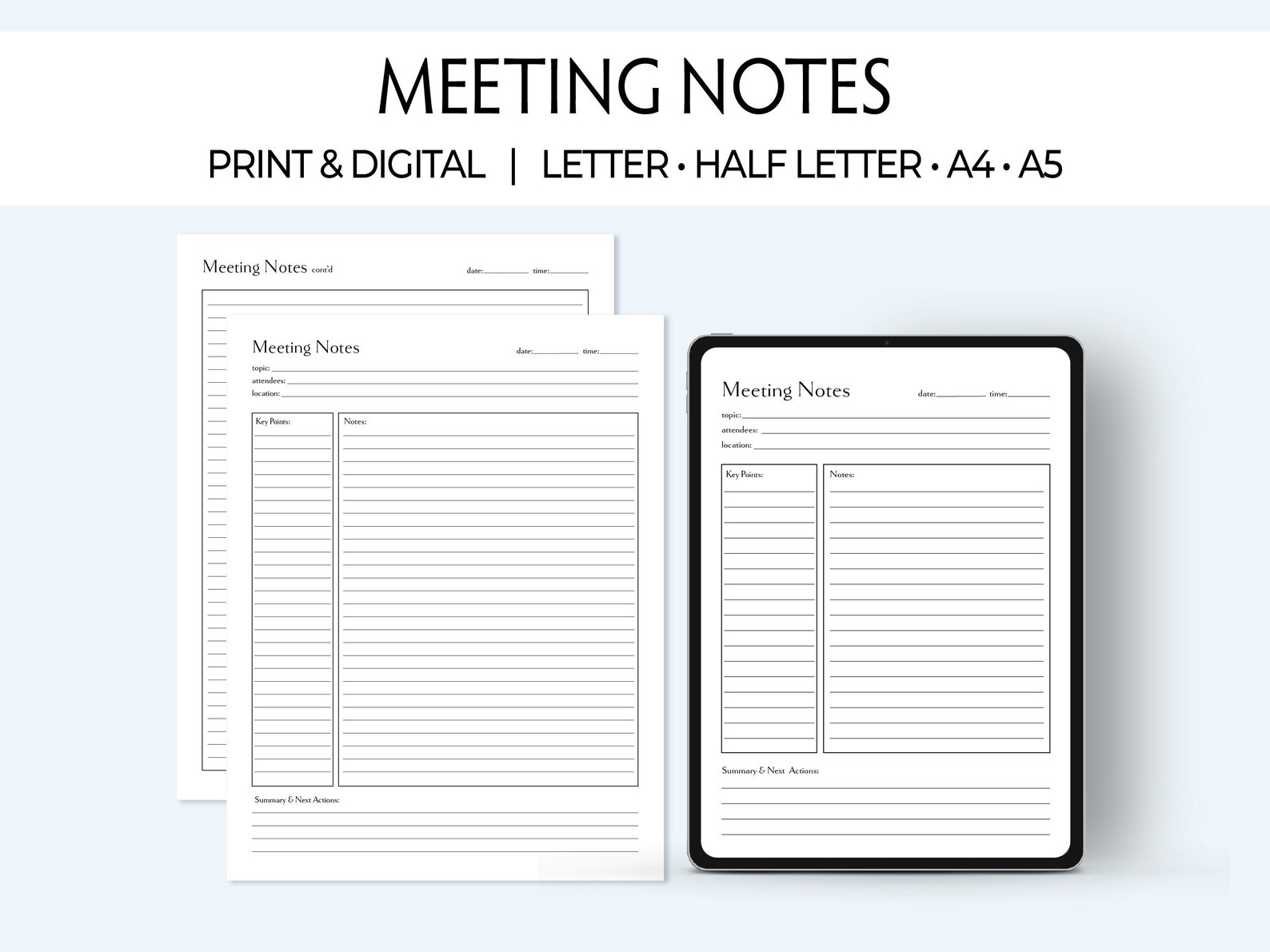 Meeting Minutes Printable, Note Taking Agenda, Professional, School ...