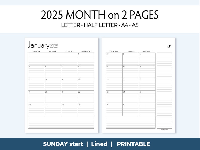 2025 Printable Monthly Planner Insert, Lined Calendar, Minimalist ...