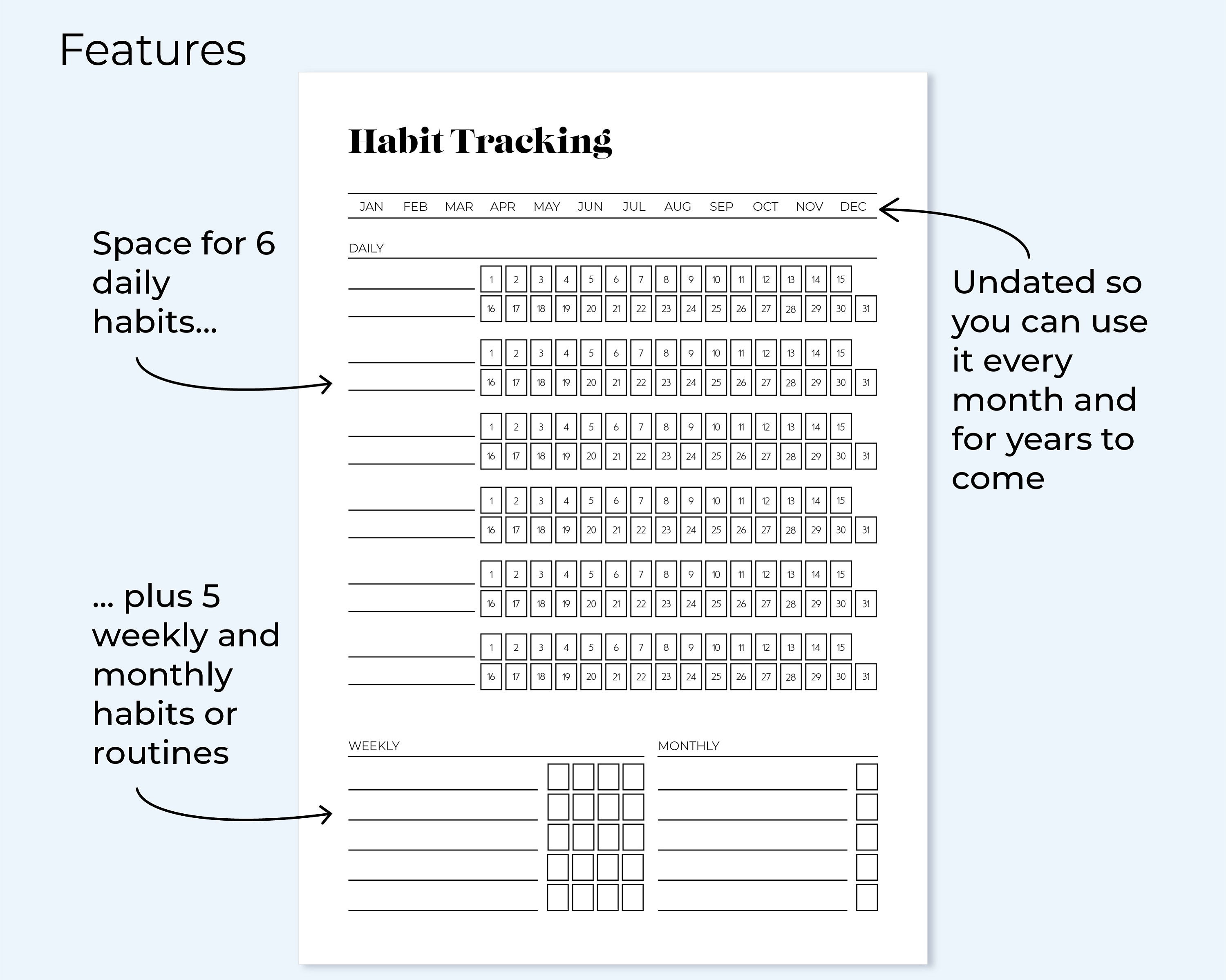 Printable Monthly Habit Tracker for Daily, Weekly and Monthly Items ...
