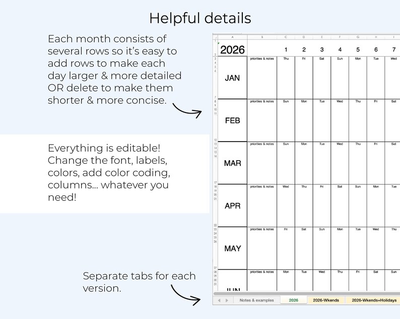 2026 Year Planner, Fully Editable Excel Spreadsheet (digital Download ...