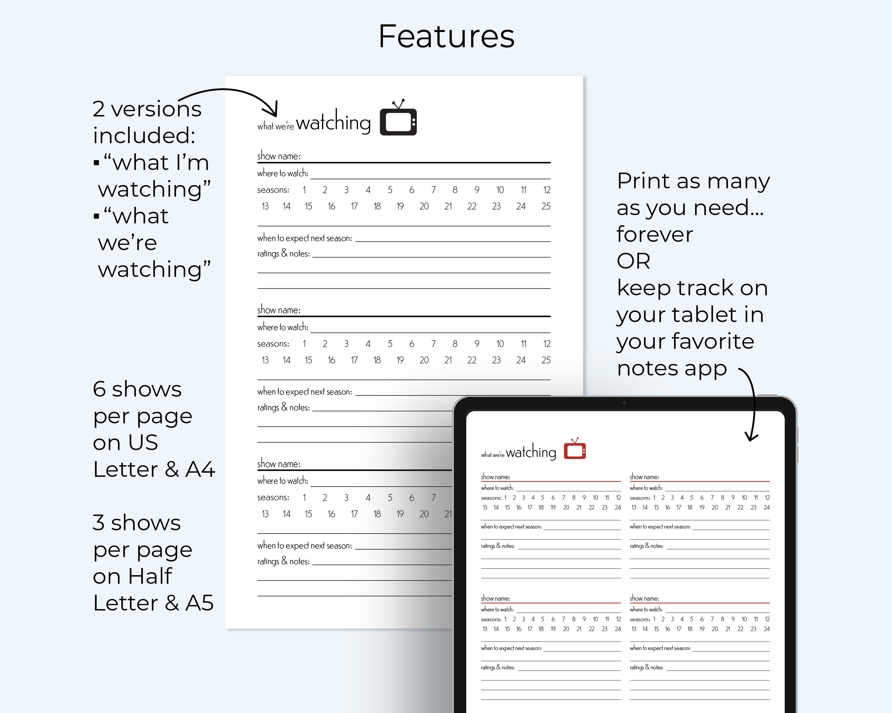 TV Series Tracker, Printable AND Digital Watch Lists, Episode Log ...