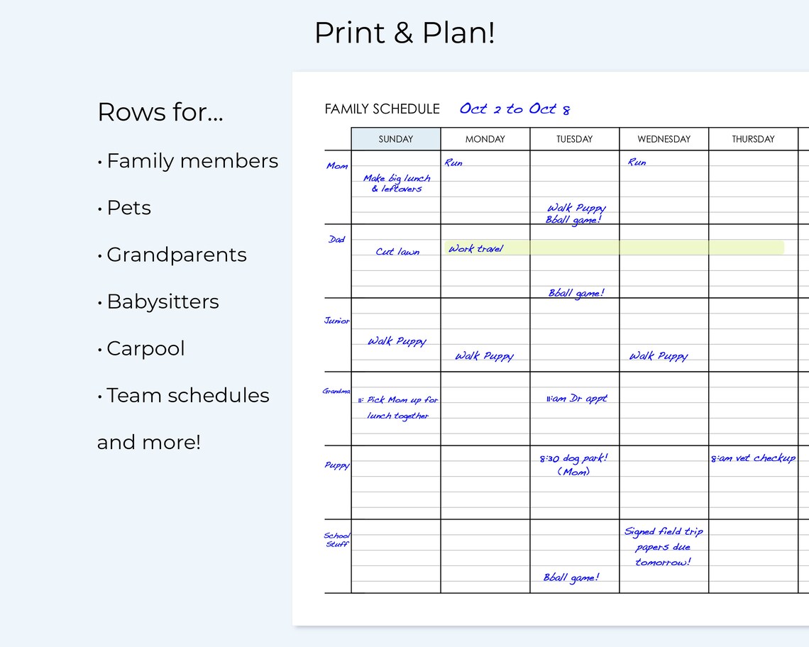 Printable Weekly Family Schedule, Spaces to Plan for 2 to 6 People ...