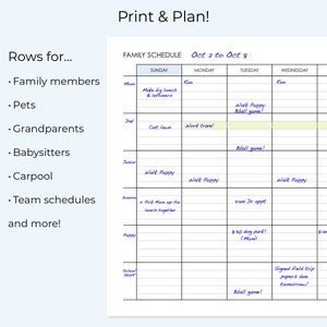 Printable Weekly Family Schedule, Spaces to Plan for 2 to 6 People ...