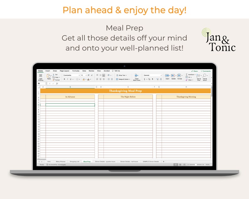 Meal Planner Spreadsheet for Thanksgiving, Friendsgiving Dinner. Menu ...
