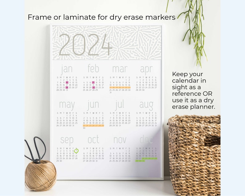 2024 Calendar, Year at a Glance, for Planner, Wall, Bulletin Board ...