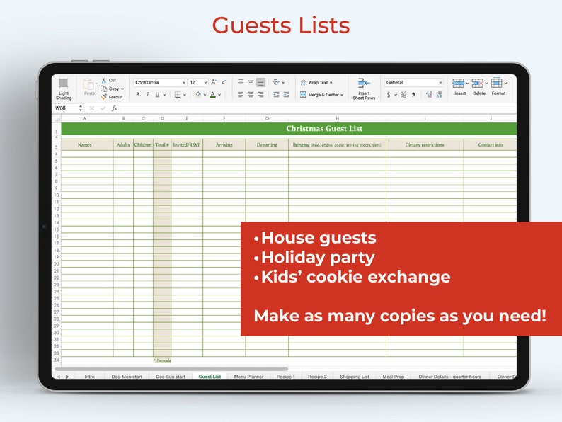 Meal Planner Spreadsheet for Hosting Dinners, Parties and More! Menu ...