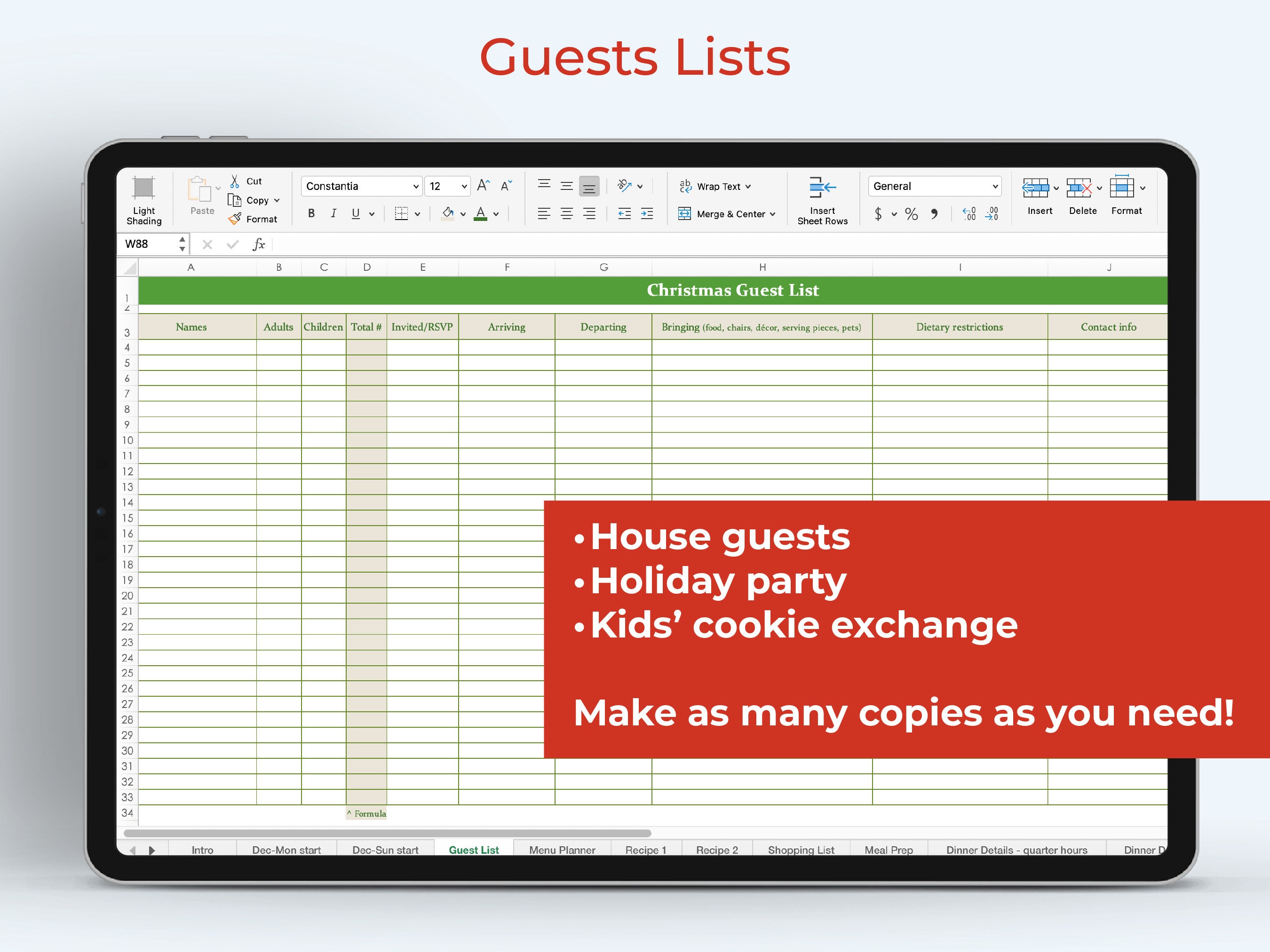 Meal Planner Spreadsheet for Hosting Dinners, Parties and More! Menu ...
