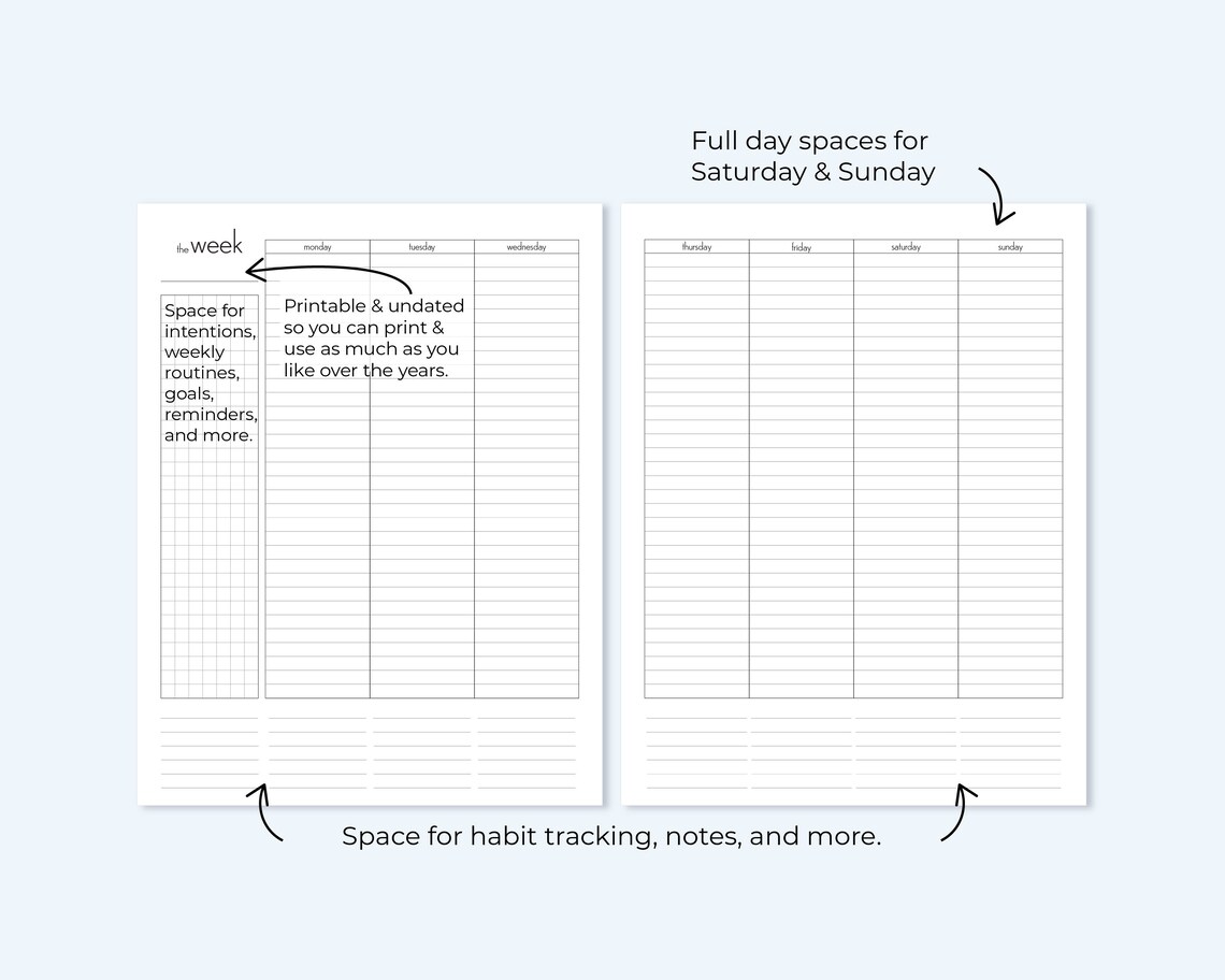 Printable Weekly Planner, Monday Start, Dashboard Layout, Week on 2 ...