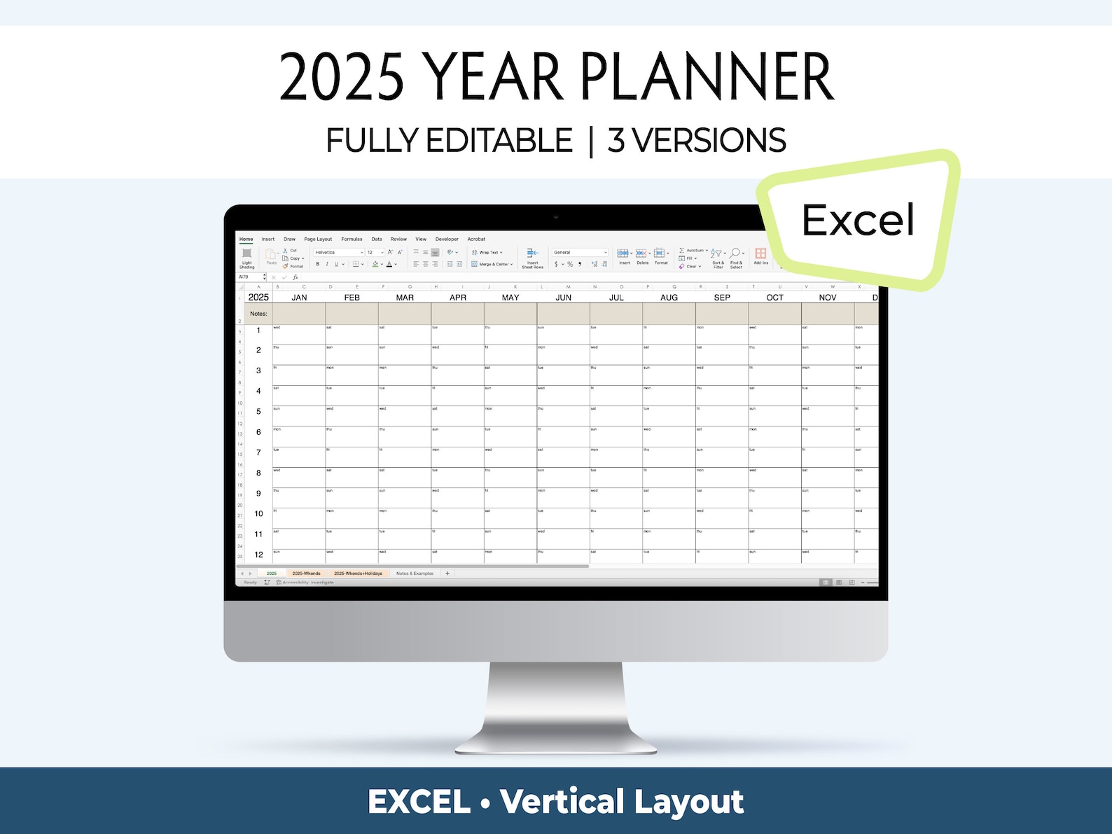 2025 Year Planner Excel Spreadsheet for Habits, Students, Professionals ...