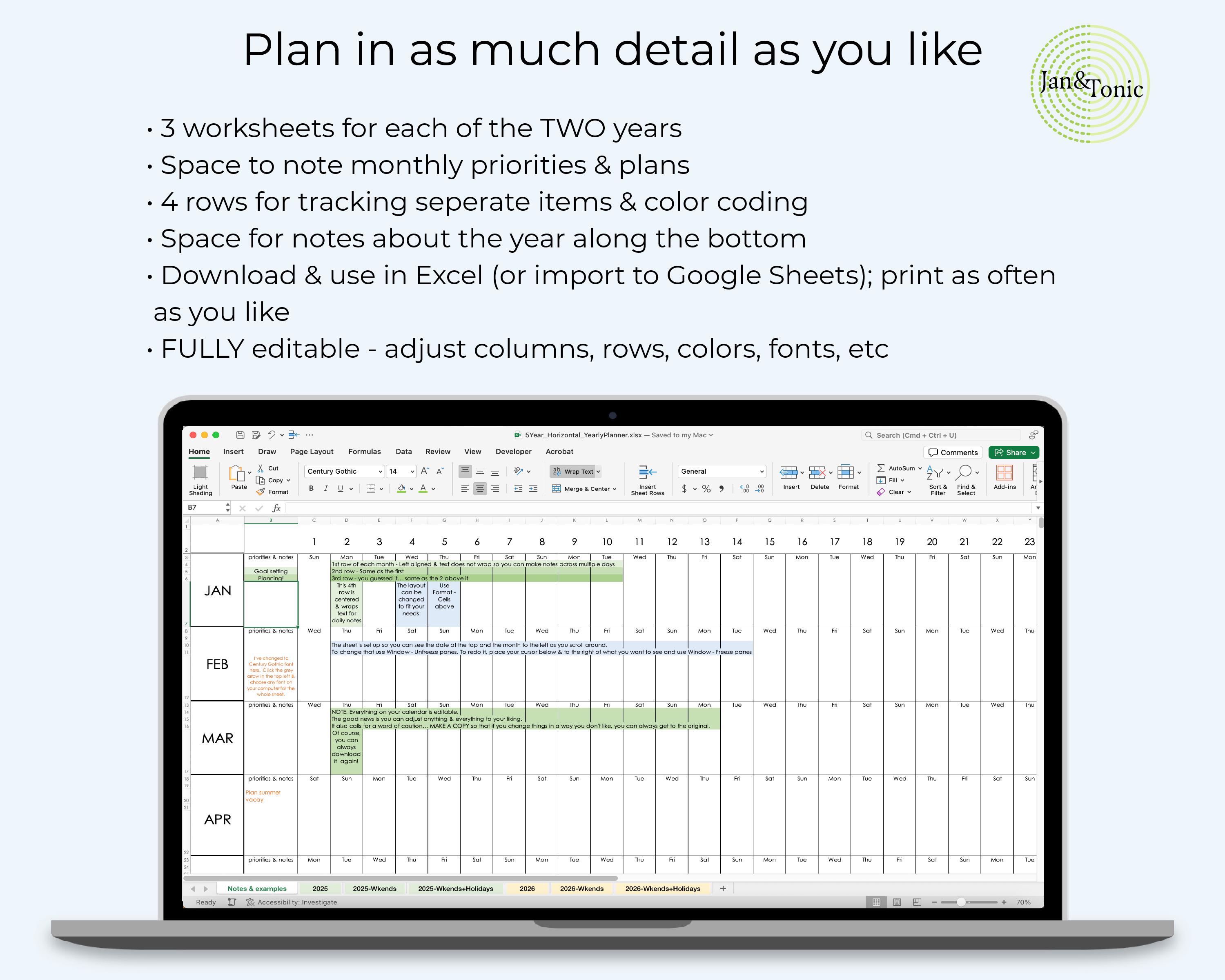 Year Planner Excel Spreadsheet, Family, School, Professional, Travel ...