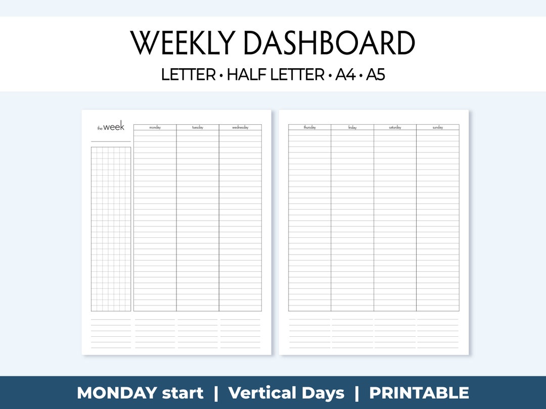 Printable Weekly Planner, Monday Start, Dashboard Layout, Week on 2 ...