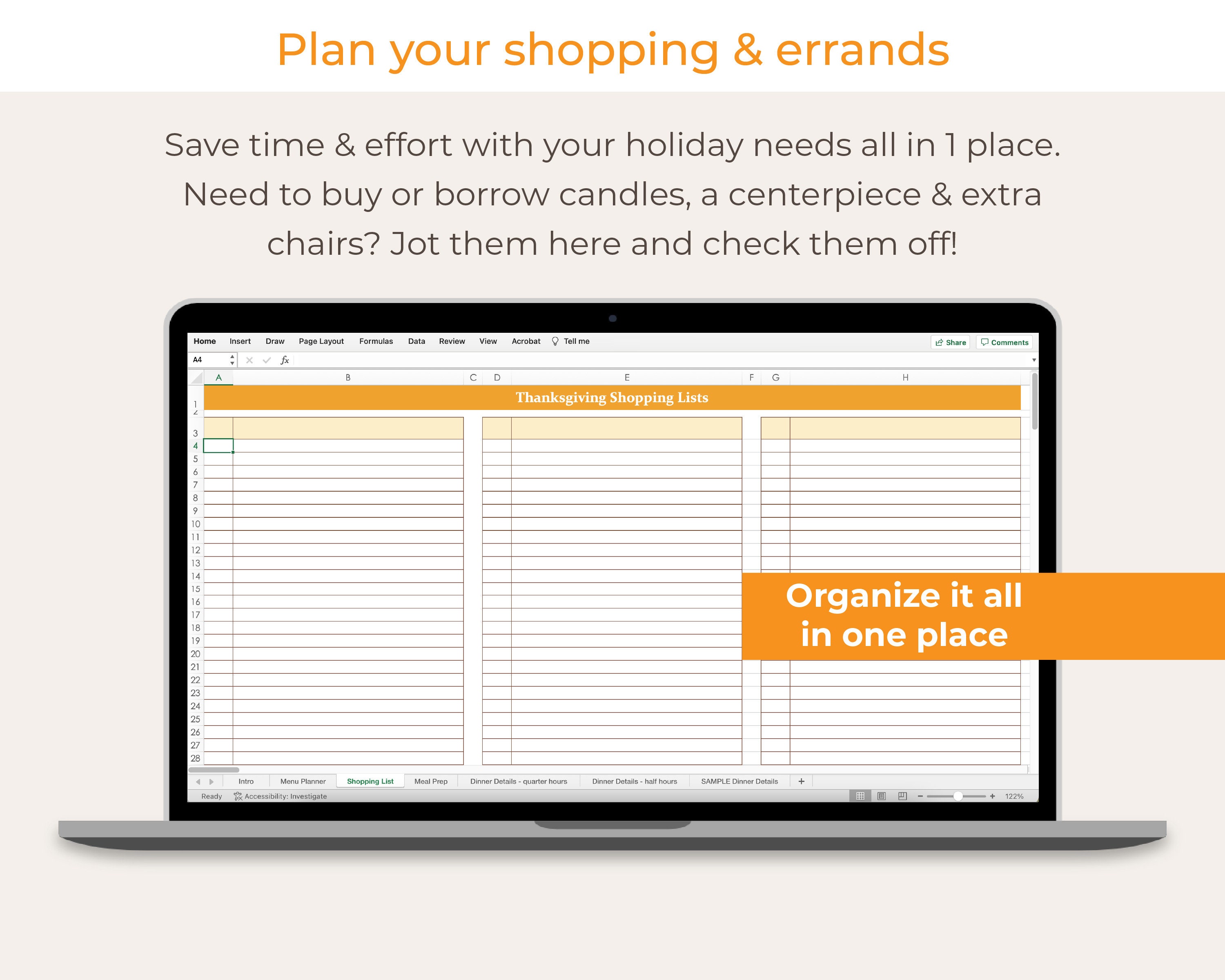Meal Planner Spreadsheet for Thanksgiving, Friendsgiving Dinner. Menu ...