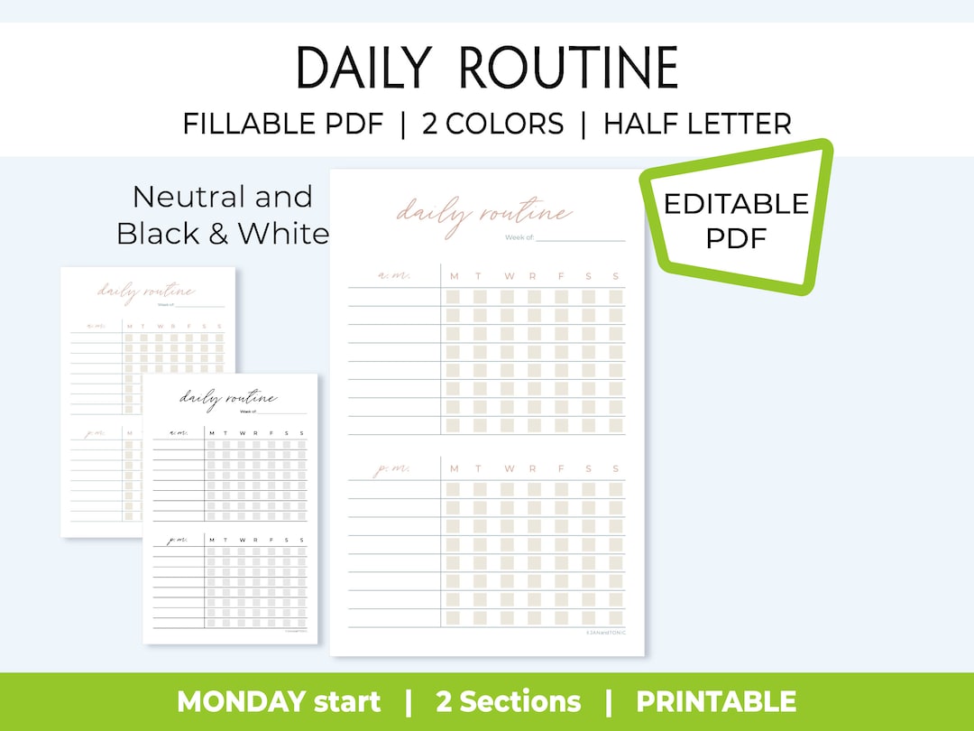 Editable Daily Routine, Habit Tracker, Monday Start, Weekly Routine ...