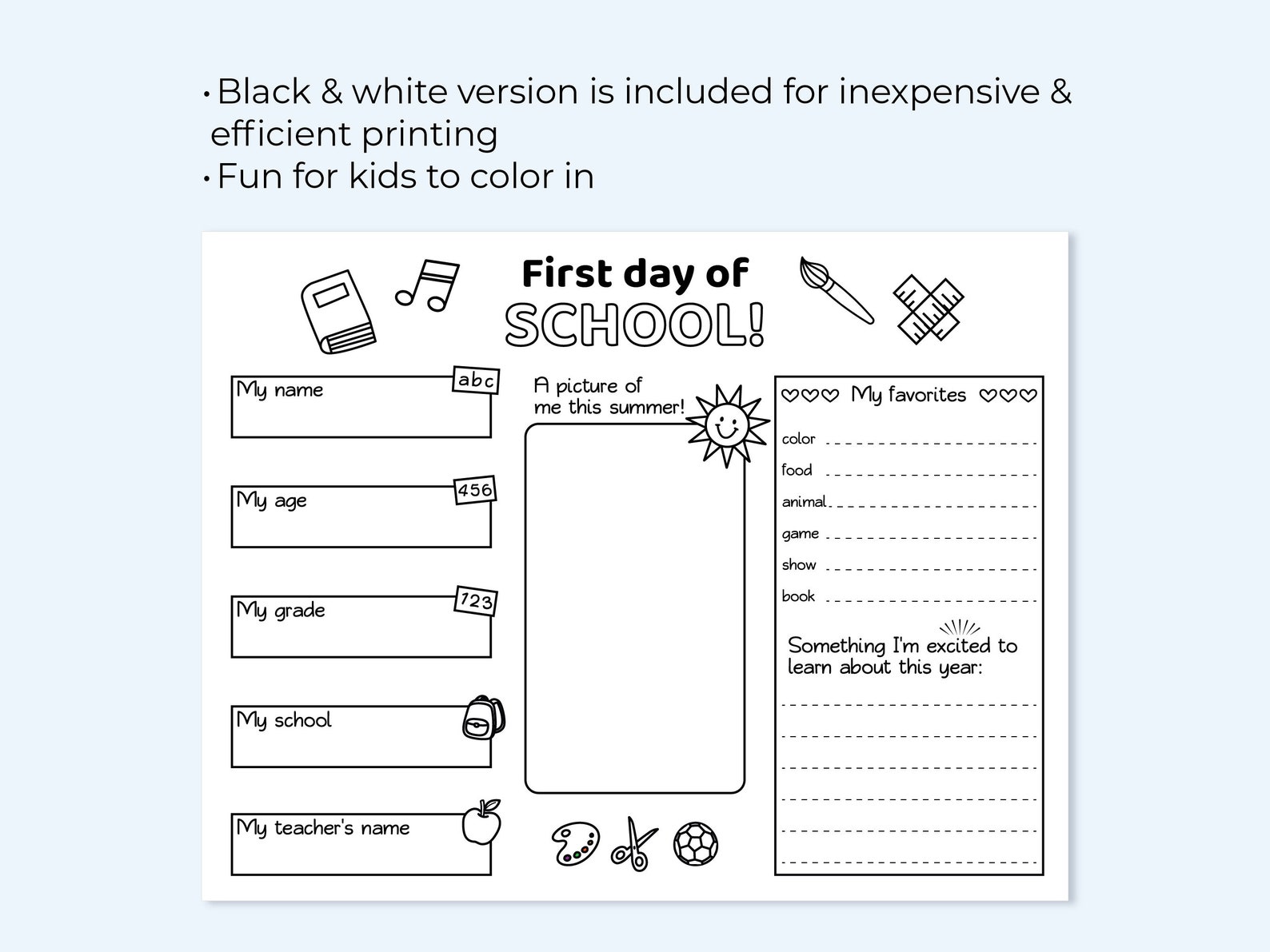 1st Day of School Printable Student Questionnaire. Back to - Etsy