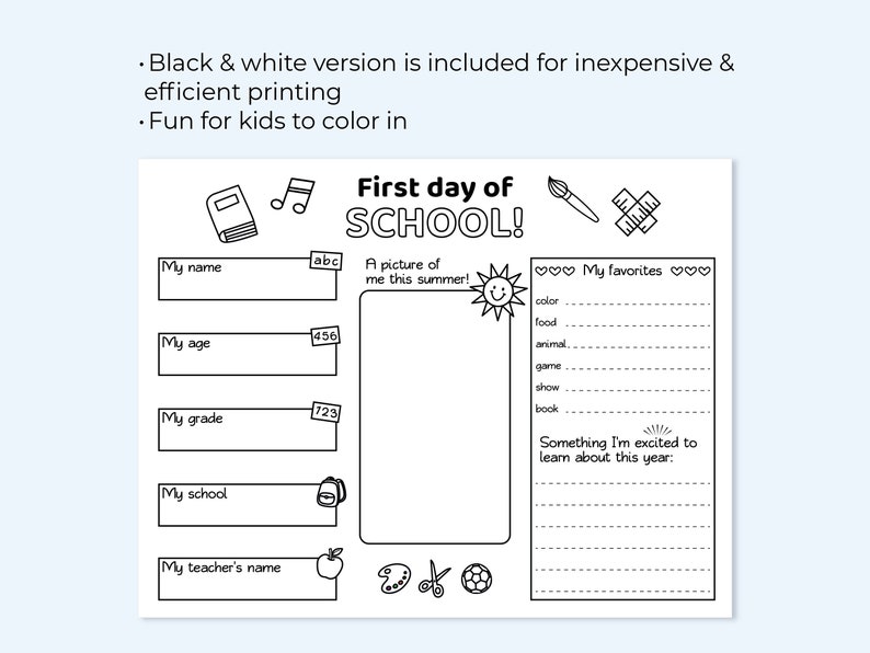 1st Day of School Printable Student Questionnaire. Back to - Etsy