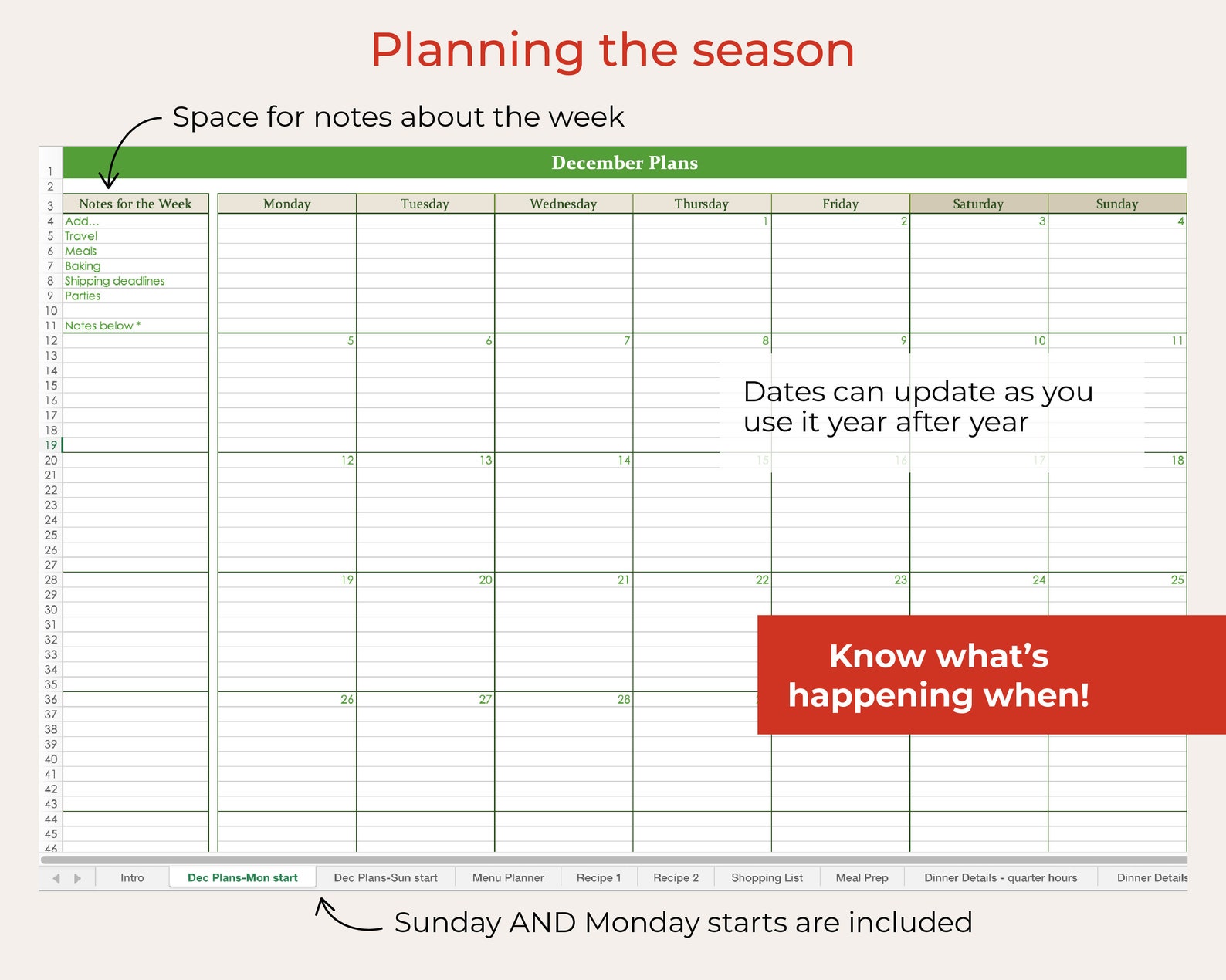 Meal Planner Spreadsheet for Hosting Dinners, Parties and More! Menu ...
