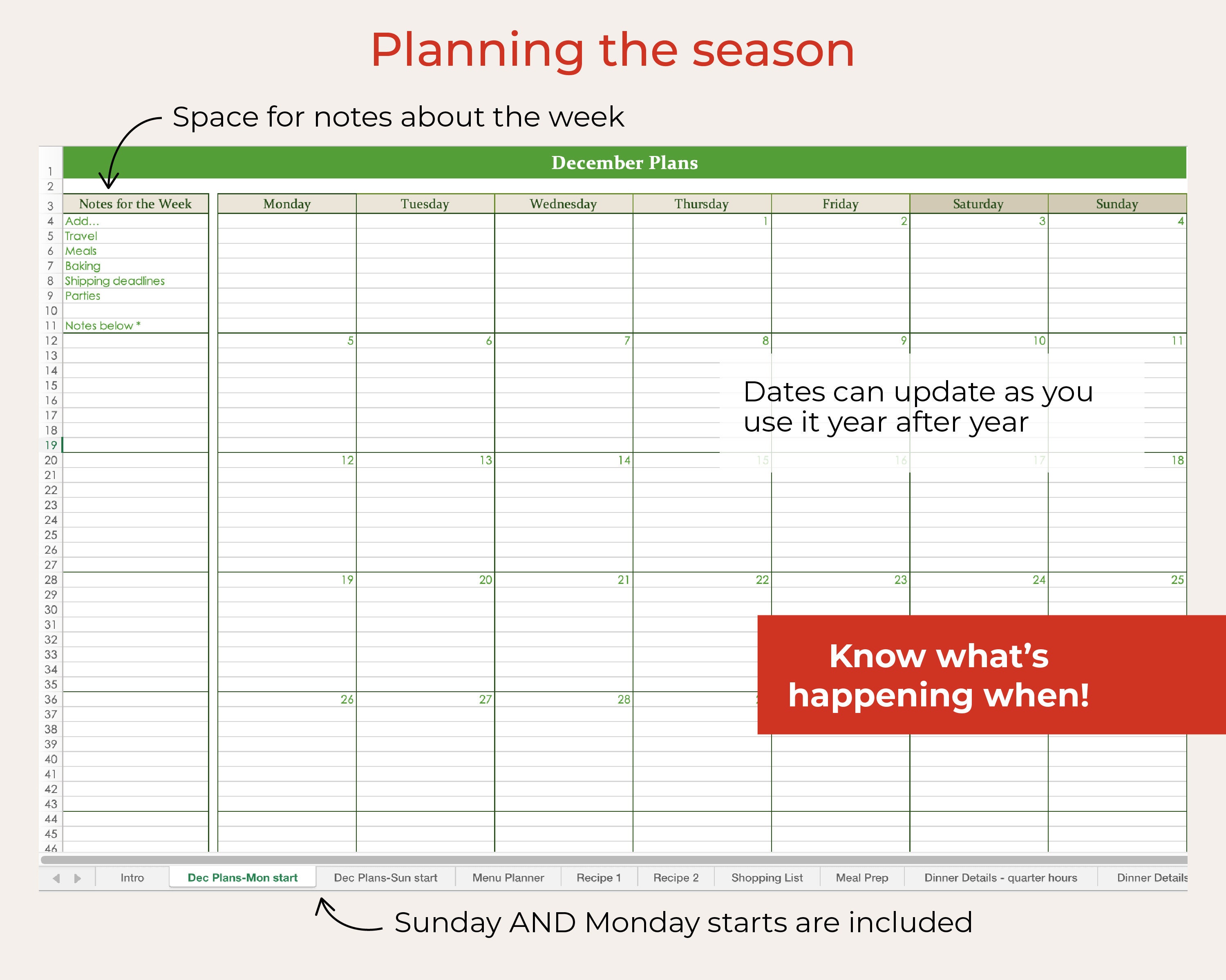 Meal Planner Spreadsheet for Hosting Dinners, Parties and More! Menu ...